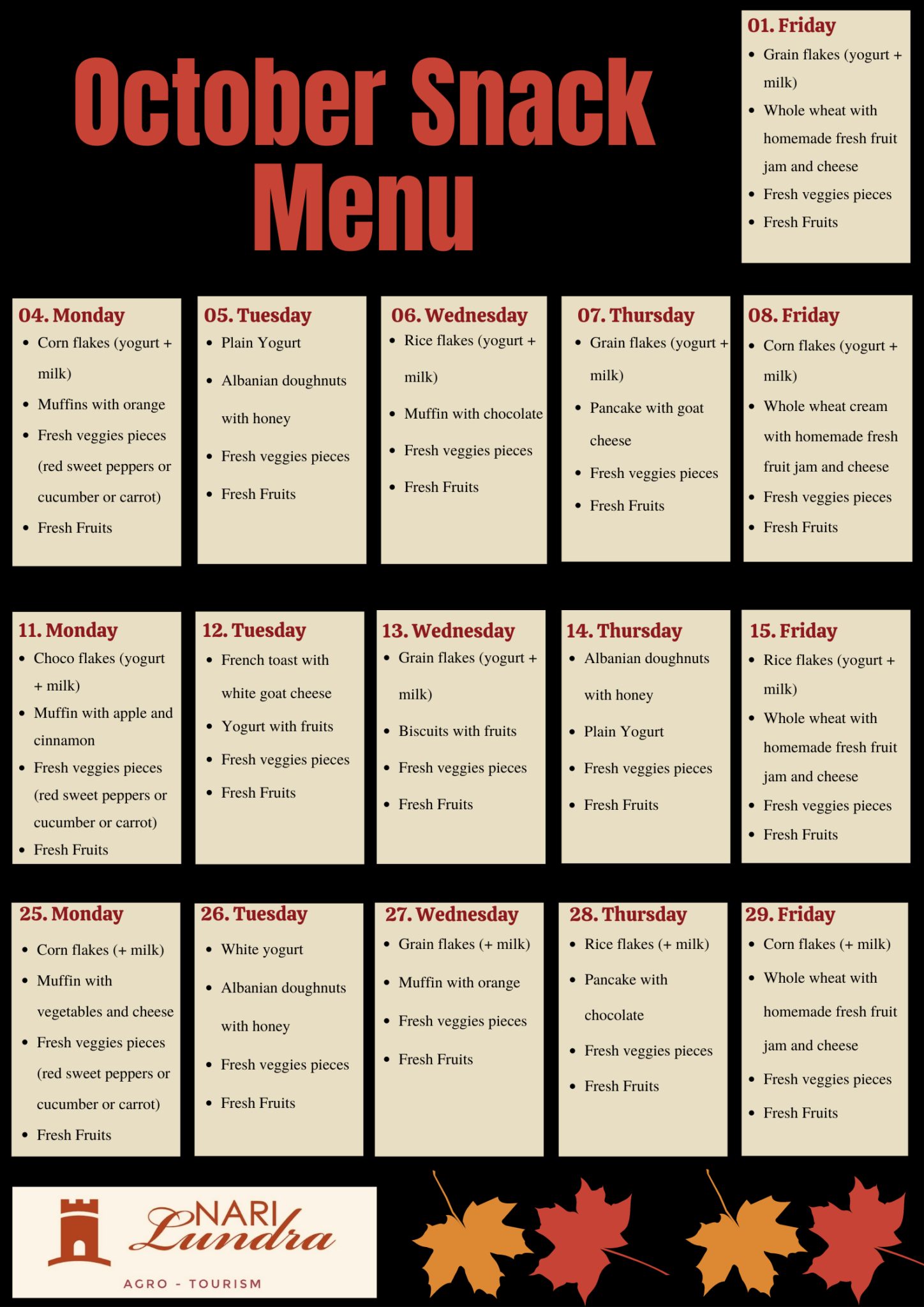 October Snack Menu – Tis Cafeteria