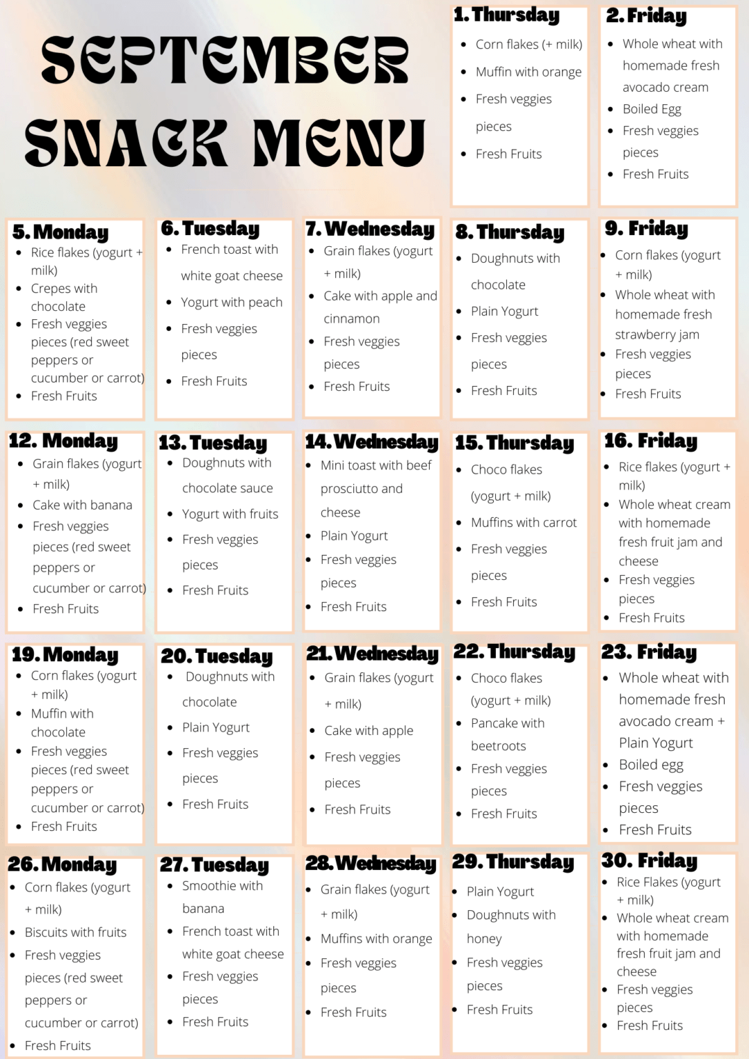 September Snack Menu – Tis Cafeteria