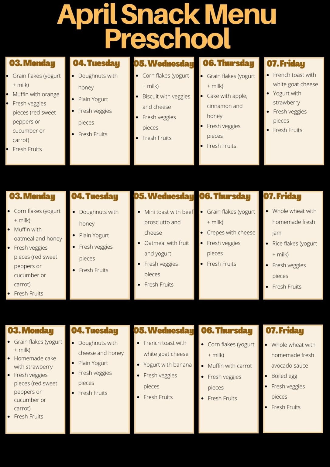 April Snack Menu Preschool – Tis Cafeteria