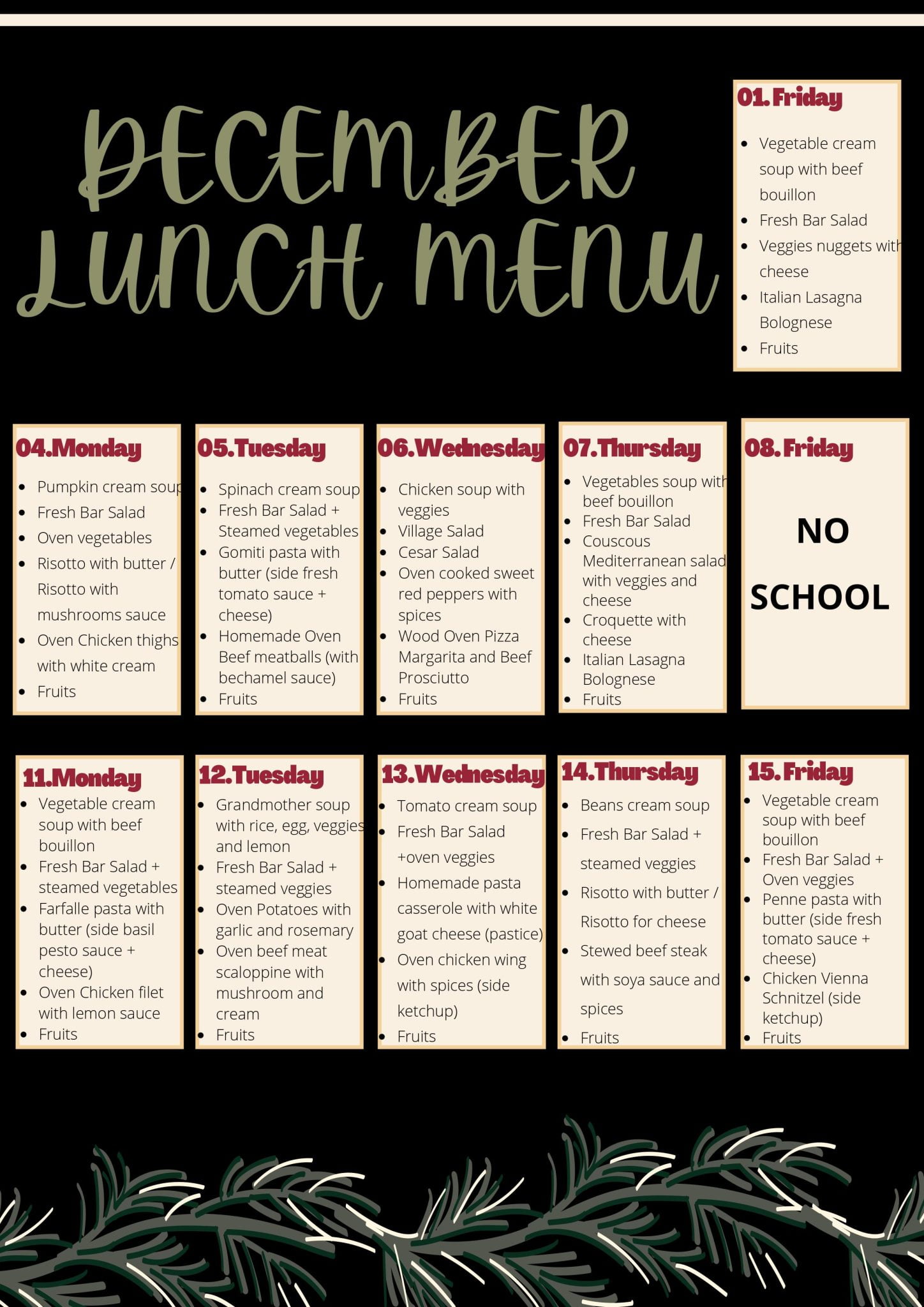 December Lunch Menu – Tis Cafeteria
