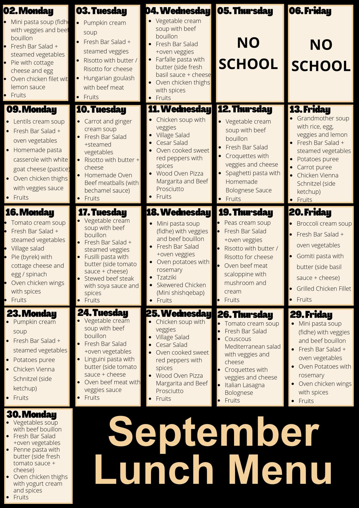 September Lunch Menu – Tis Cafeteria