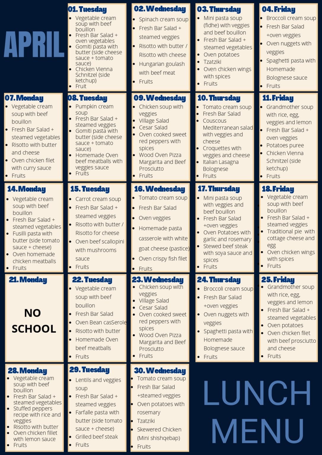 April Lunch Menu – Tis Cafeteria