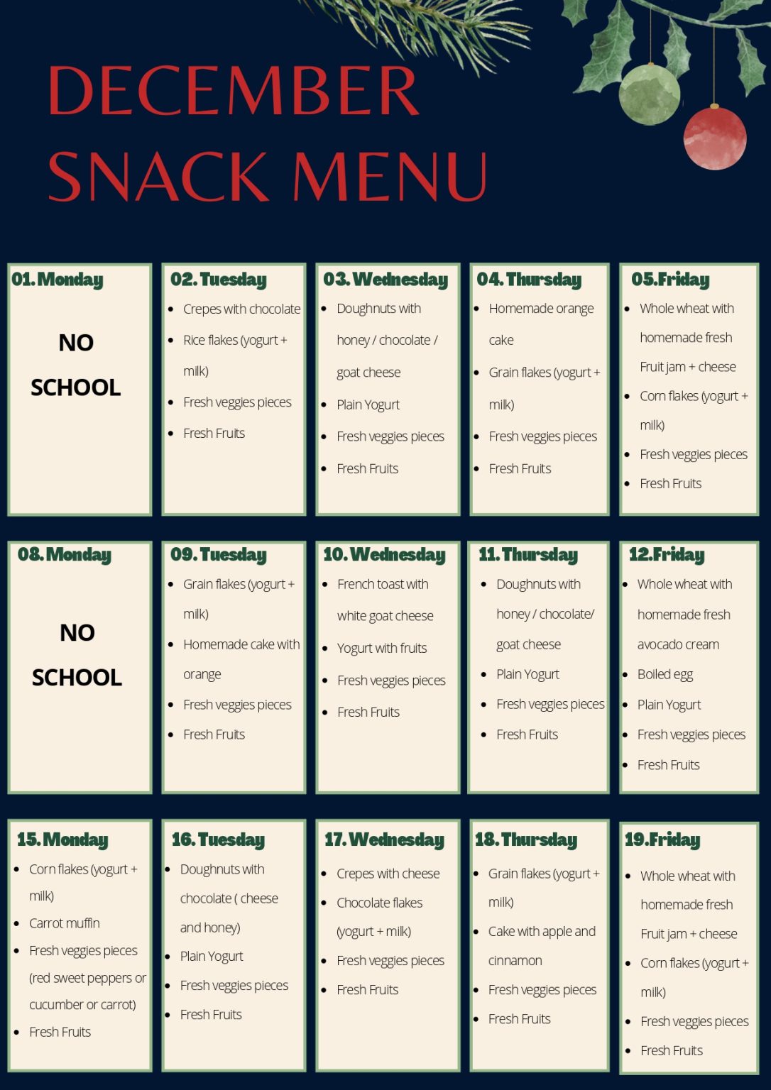 December Snack Menu – Tis Cafeteria